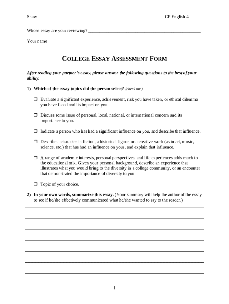 College Essay Assessment Doc Template | pdfFiller