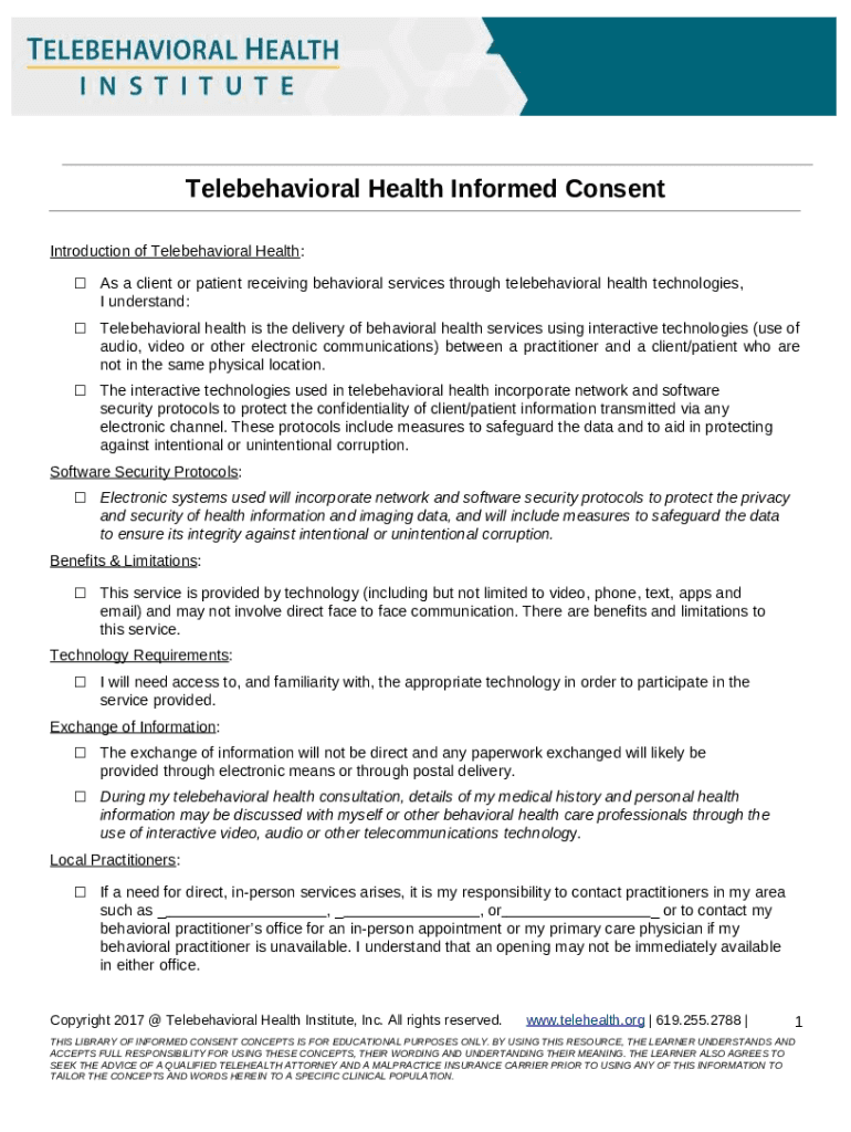 Telebehavioral Health Ination and Counselors in ... Doc Template | pdfFiller
