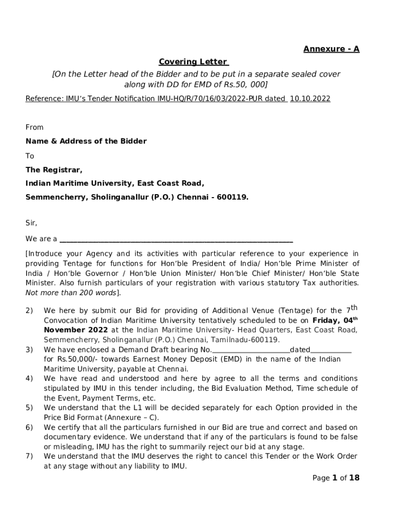 TENDER DOCUMENT Request for Proposal(RFP) Doc Template | pdfFiller