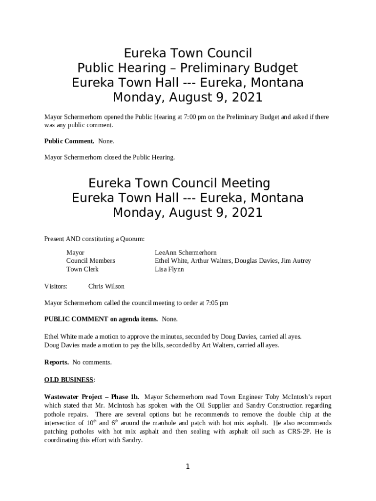 eureka town councilpublic hearing for preliminary budget Doc Template | pdfFiller