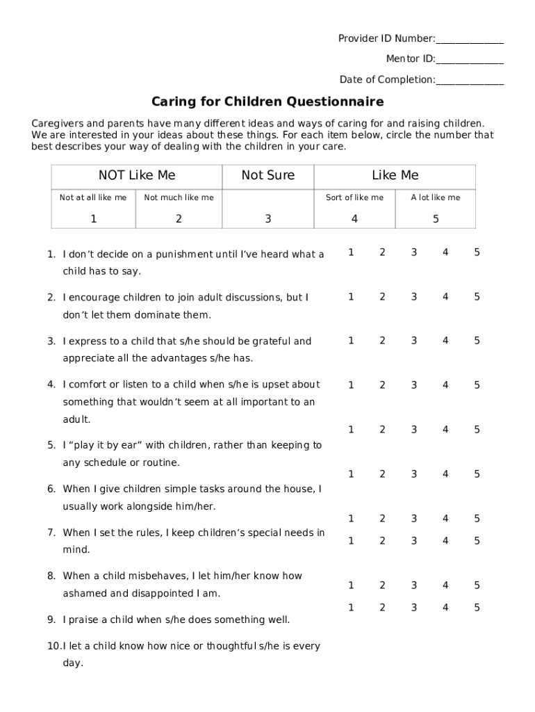 Caring for Children Questionnaire Doc Template | pdfFiller