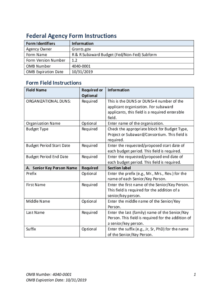 Fillable Online apply07 grants R & R Subaward Budget (Fed/Non-Fed) Subform V1.2. Grant ...
