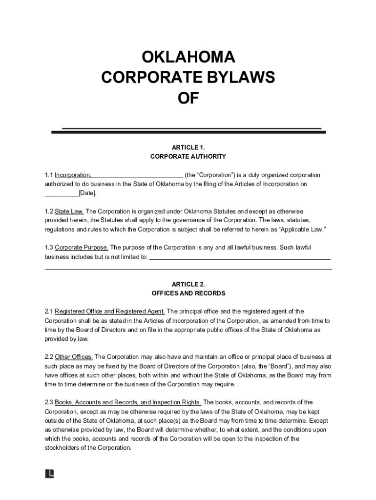Fillable Online Oklahoma Corporate Bylaws Template - Secretary of State ...