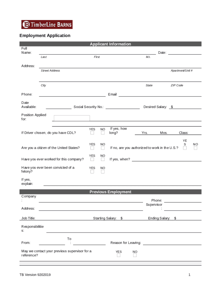 Join Our Team! Timberline Barns Job Application Doc Template | pdfFiller