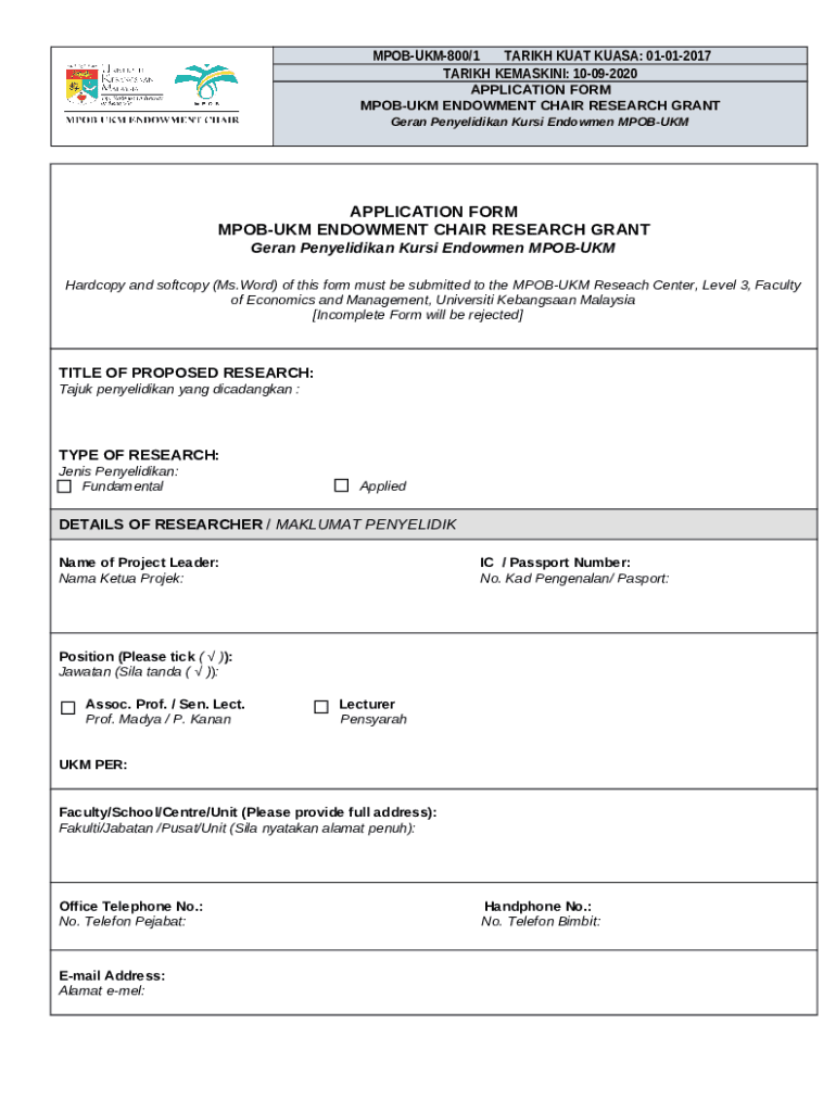 MPOB-UKM ENDOWMENT CHAIR RESEARCH GRANT Doc Template | pdfFiller