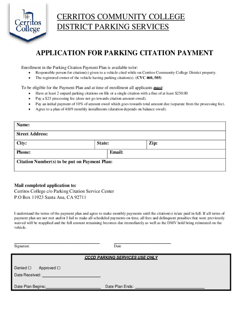 Fillable Online Parking Citation Hardship Payment Plan - MRCA Fax Email Print - pdfFiller