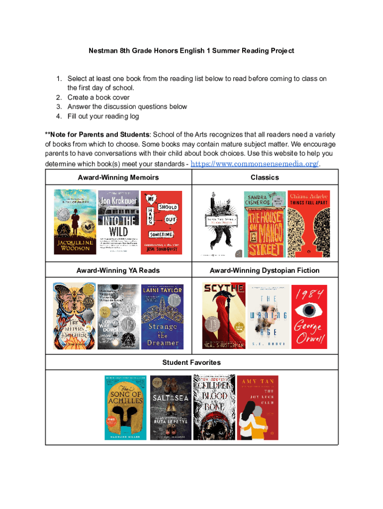 Fillable Online Nestman 8th Grade Honors English 1 Summer Reading ...