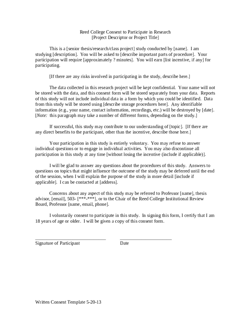 Participant Consent - Institutional Review Board Doc Template | pdfFiller