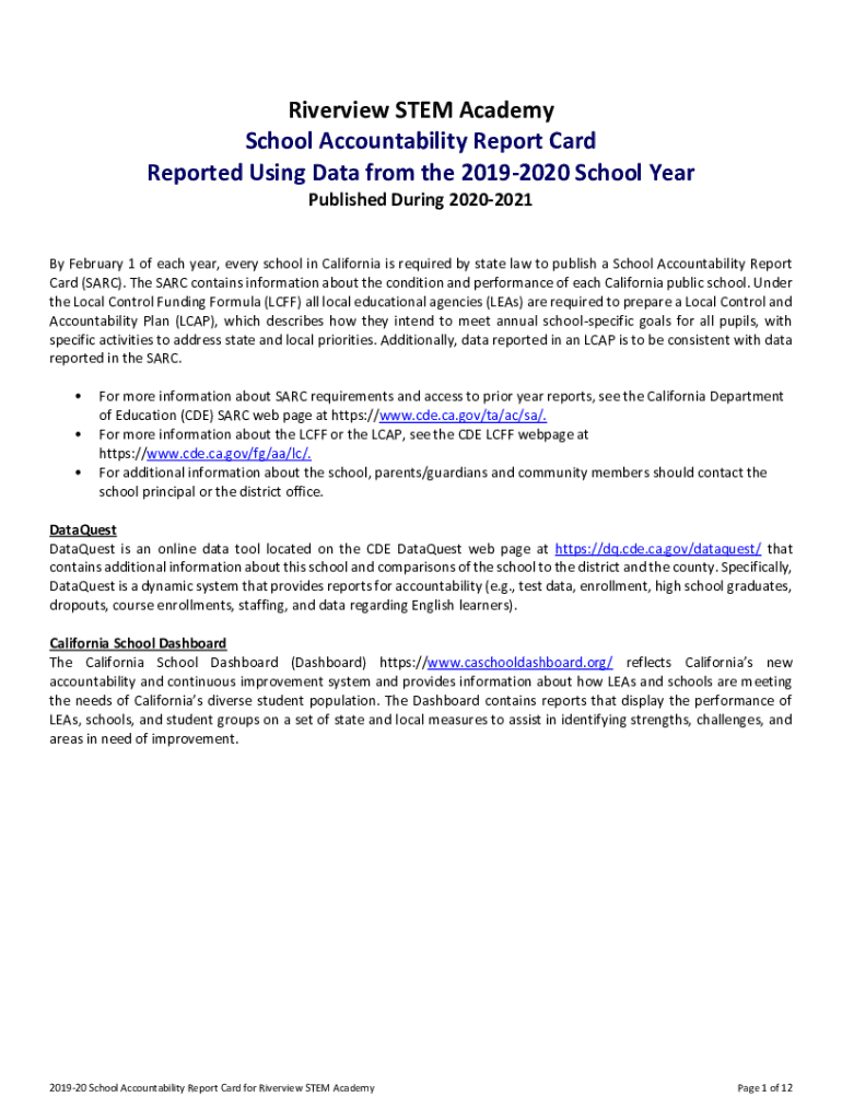 Fillable Online 2019-20 School Accountability Report Card for Riverview ...