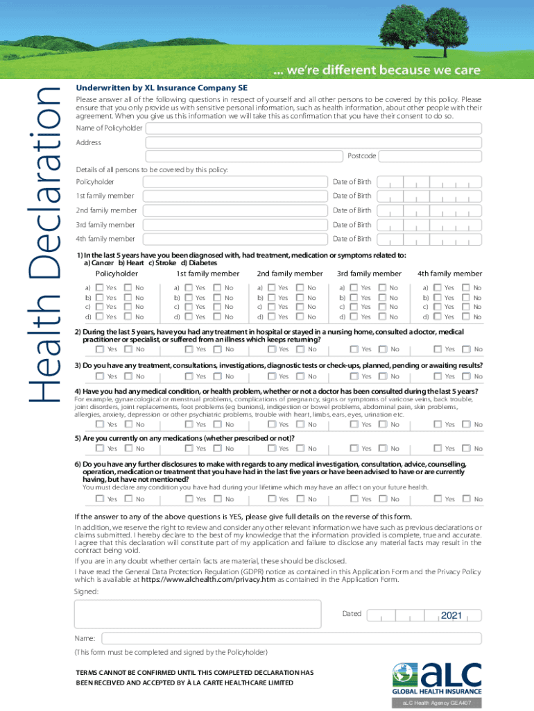 Fillable Online aLC Health - Health Declaration form Fax Email Print - pdfFiller