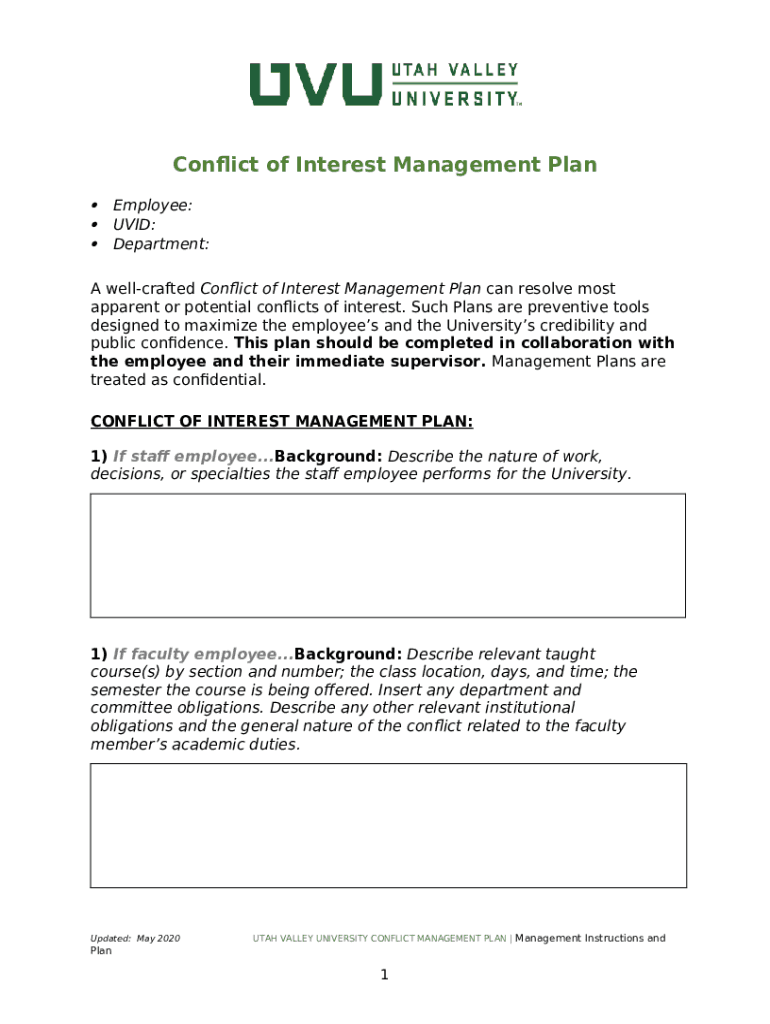 Utah Valley University Conflict Management Plan. Management ...