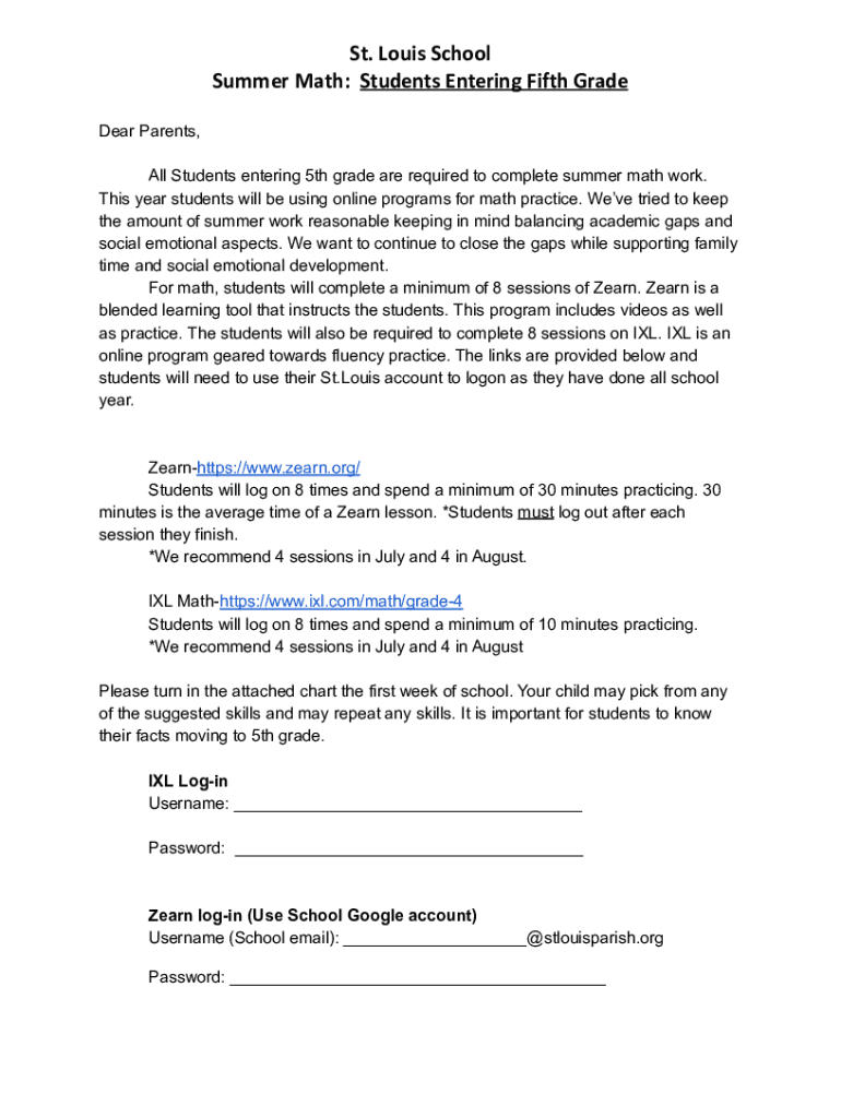 Fillable Online St. Louis School Summer Math: Students Entering Fifth ...