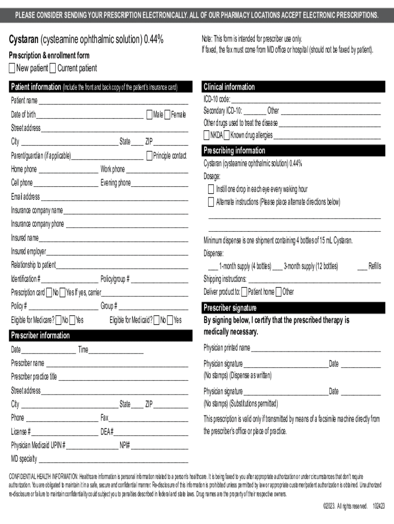 Fillable Online Cystaran Prescription & Enrollment Form Fax Email Print ...