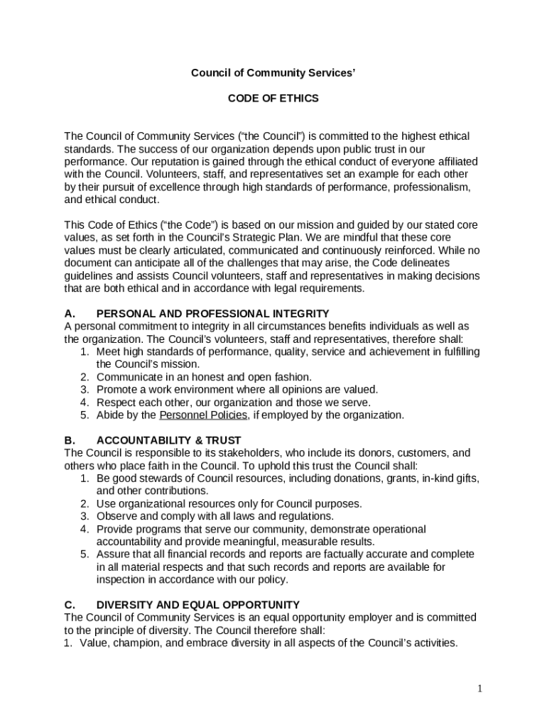 Council of Community Services Code of Ethics Doc Template | pdfFiller