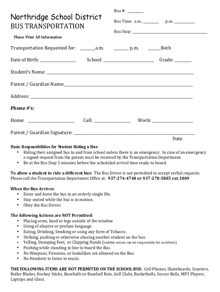 Fillable Online Northridge District Bus Form Fax Email Print - pdfFiller