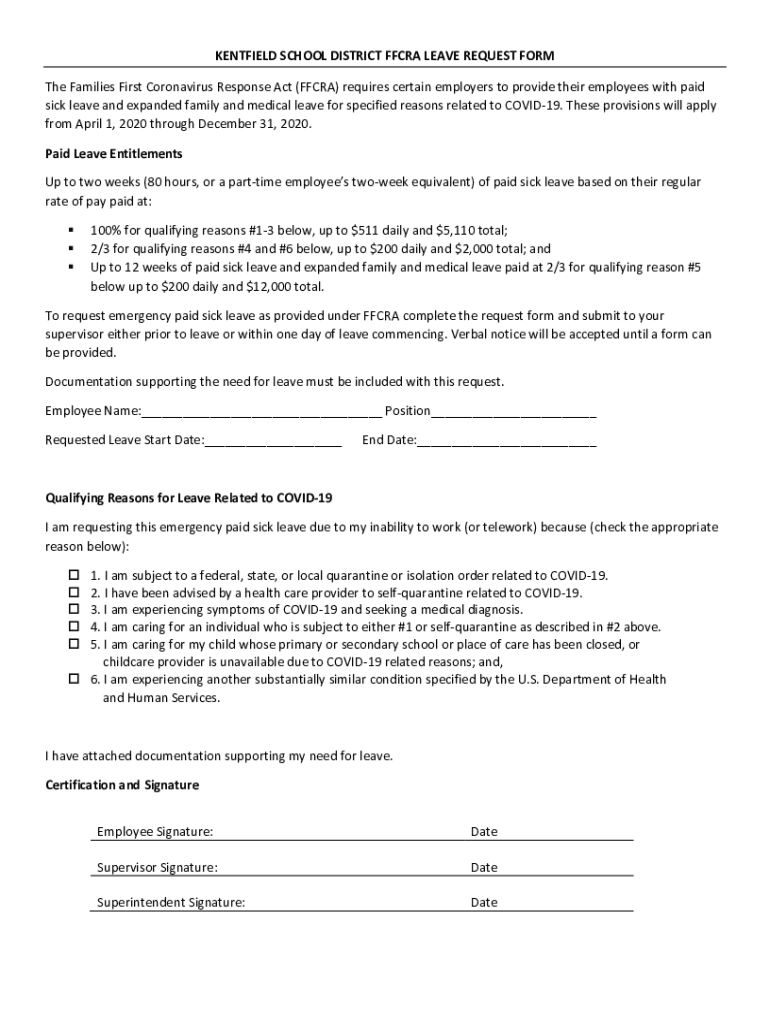 Fillable Online kentfield school district ffcra leave request form Fax ...