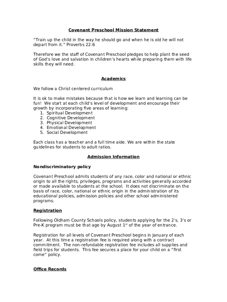 Covenant Preschool Mission Statement Doc Template | pdfFiller