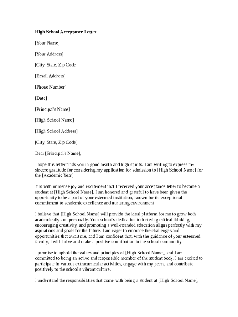 School Acceptance Letter and Its Sample Doc Template | pdfFiller