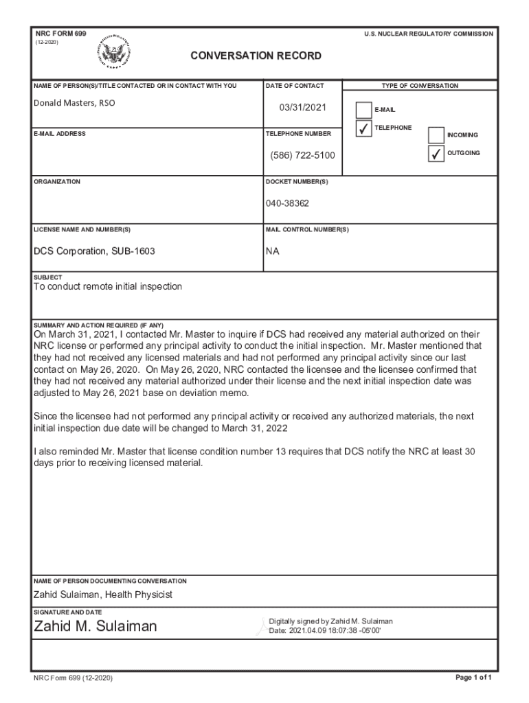 Fillable Online Conversation Record, NRC Form 699 - DCS Corporation Fax ...
