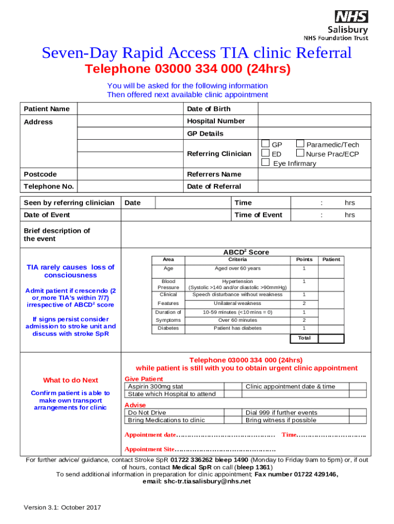 Rapid Access TIA referral Salisbury Doc Template | pdfFiller
