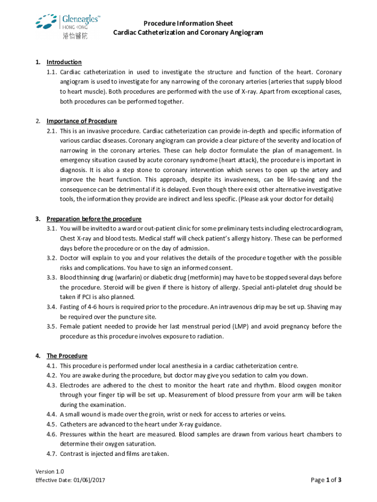 Fillable Online Cardiac Catheterization: Purpose, Procedure and ...