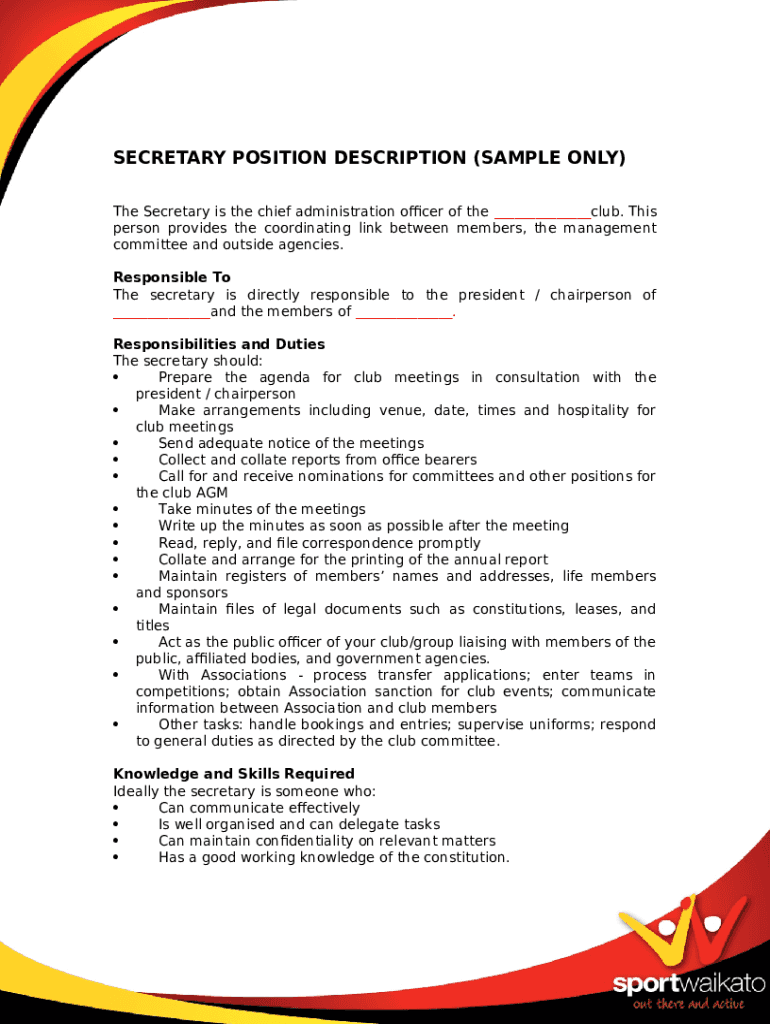 Club secretary job description example ( ... Doc Template | pdfFiller