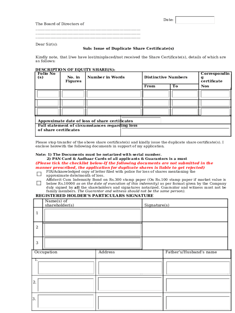 (To prepare documentation for issue Duplicate Share ... - SRF Doc Template | pdfFiller