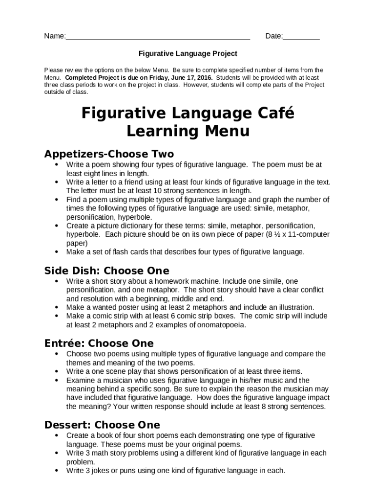 Figurative Language Caf Learning Menu ... Doc Template | pdfFiller