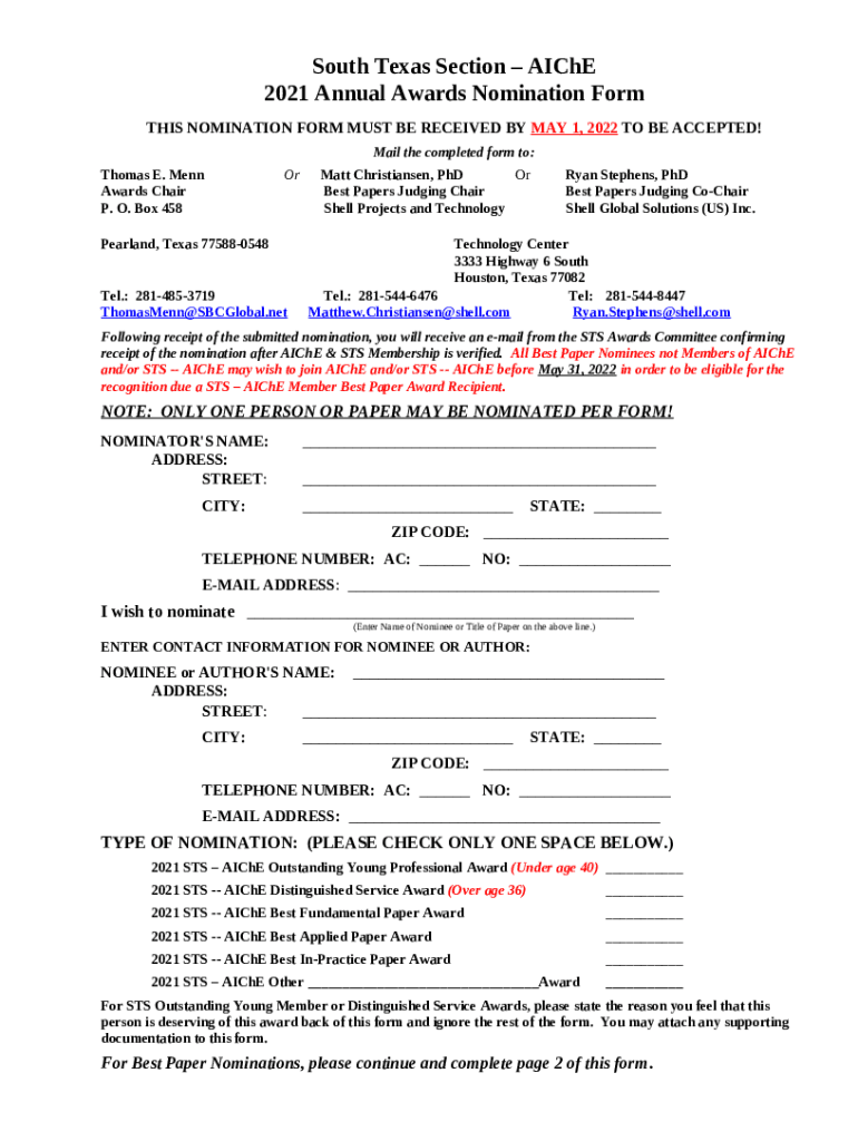 STS AICHE 2021 Awards Nomination Doc Template | pdfFiller