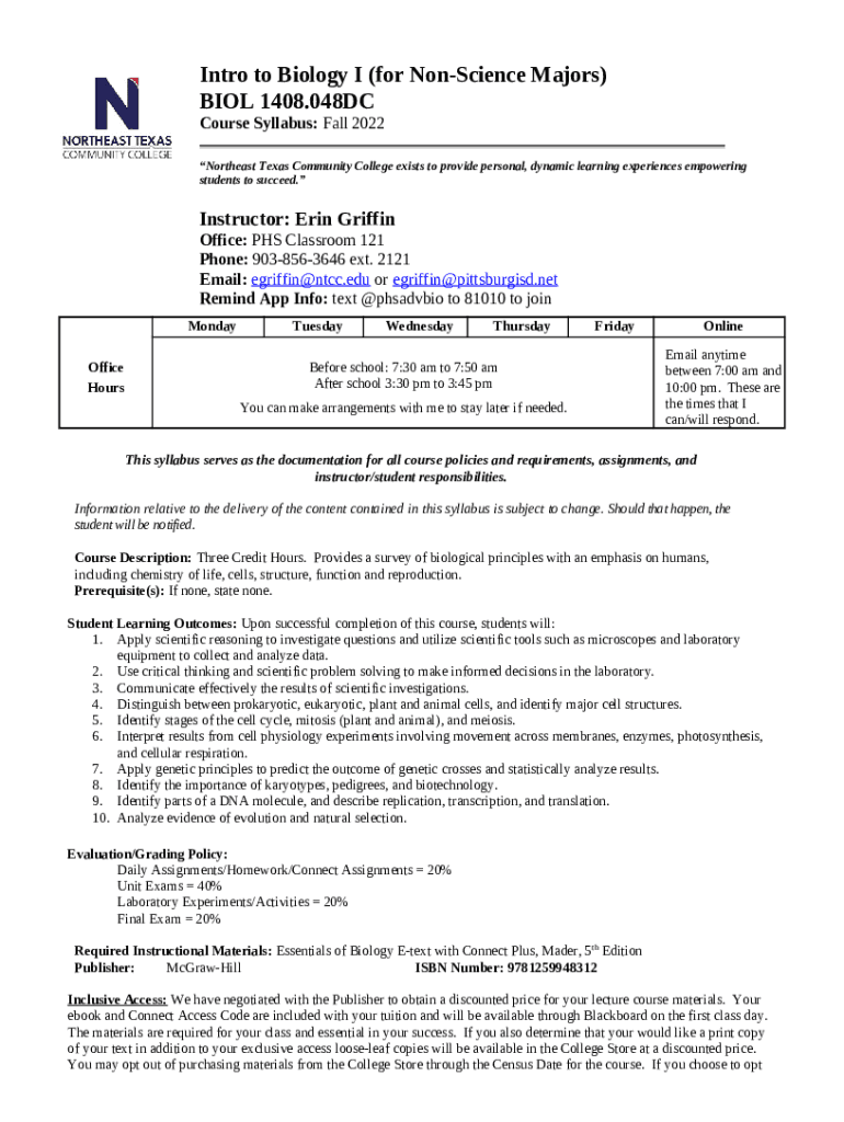 Intro to Biology I (for Non-Science Majors) BIOL 1408.048DC Doc Template | pdfFiller