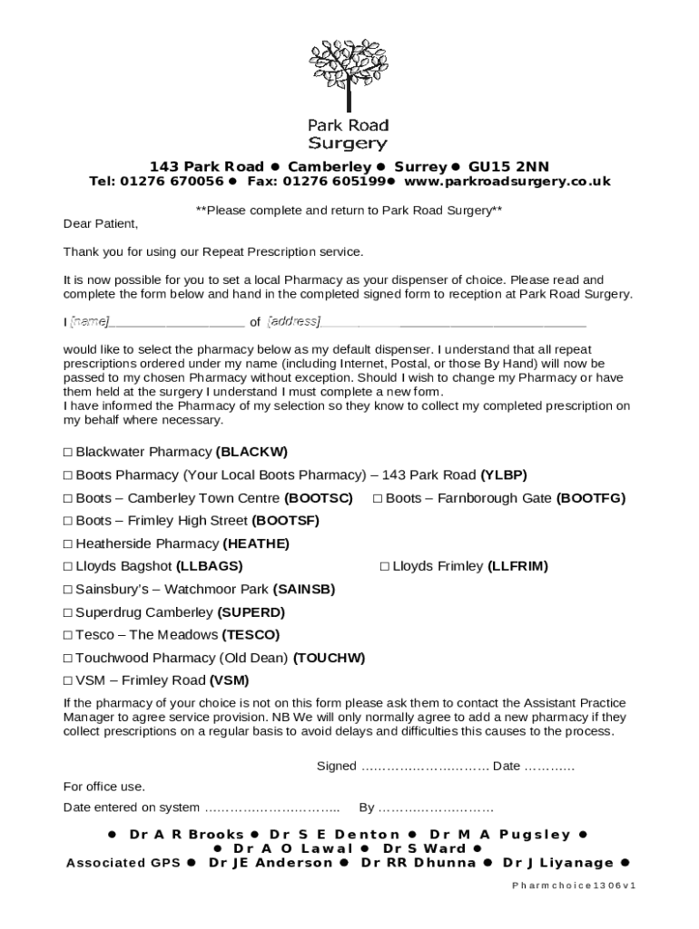 Order a Repeat Prescription - Park Road Medical Centre Doc Template ...