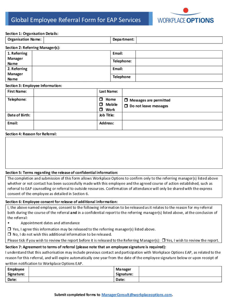 Fillable Online Global Employee Referral Form for EAP Services Fax ...
