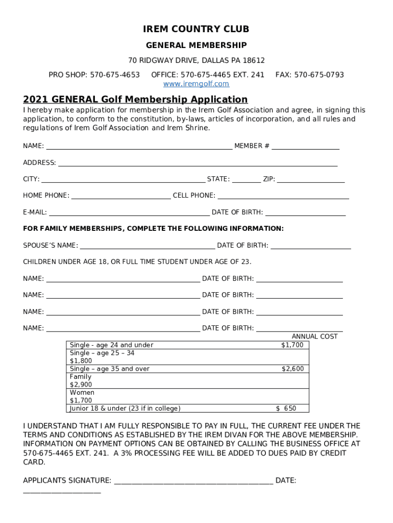 2021 GENERAL Golf Membership Application Doc Template | pdfFiller
