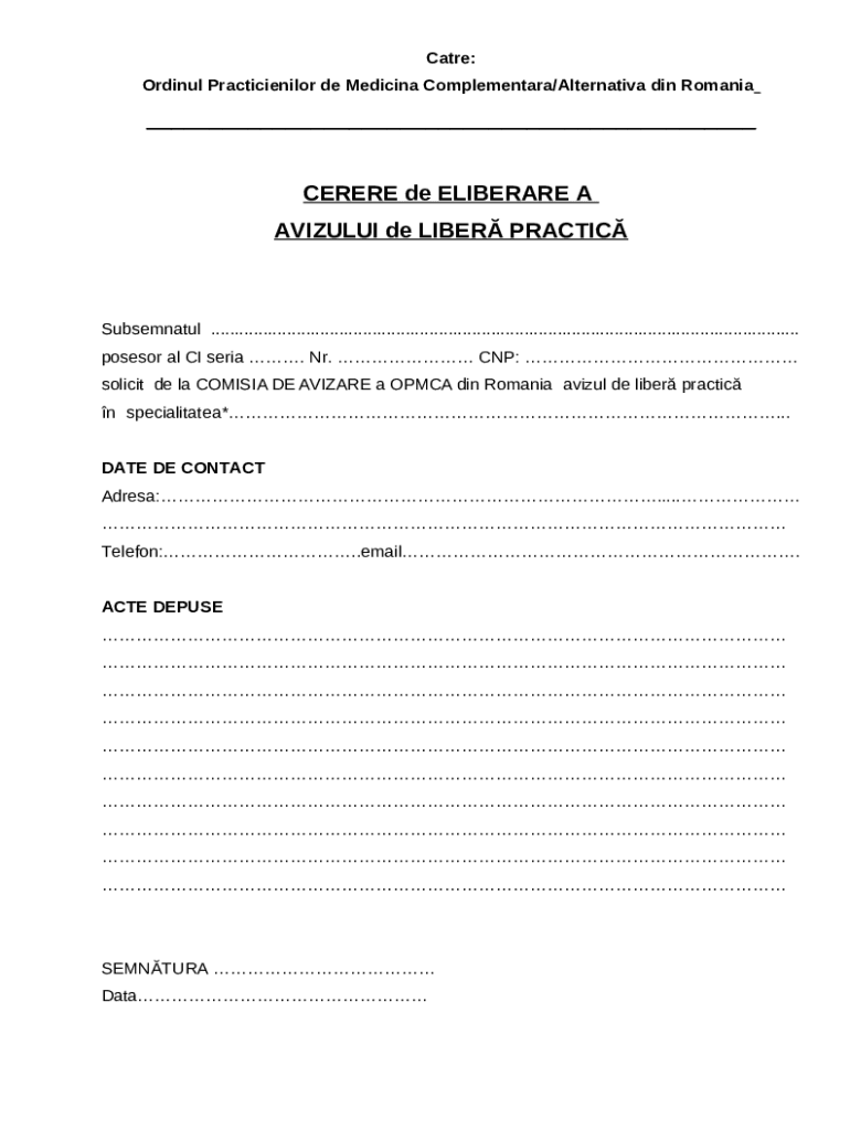 CERERE de ELIBERARE A AVIZULUI de LIBER PRACTIC Doc Template | pdfFiller