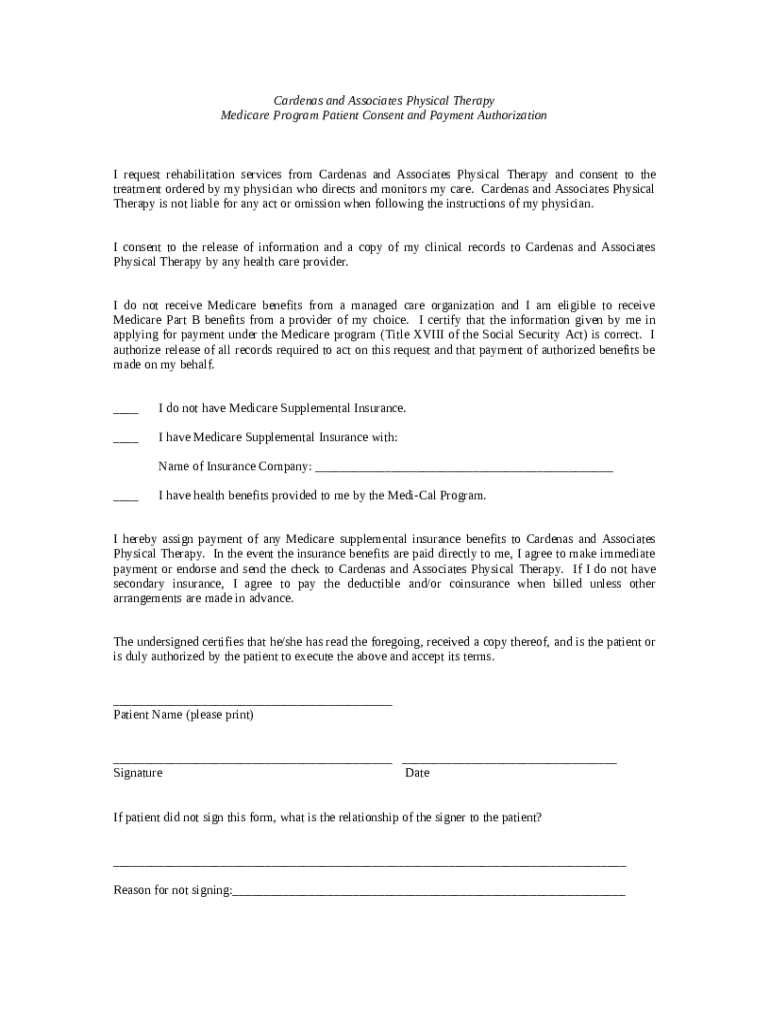 Medicare Program Patient Consent and Payment Authorization Doc Template | pdfFiller