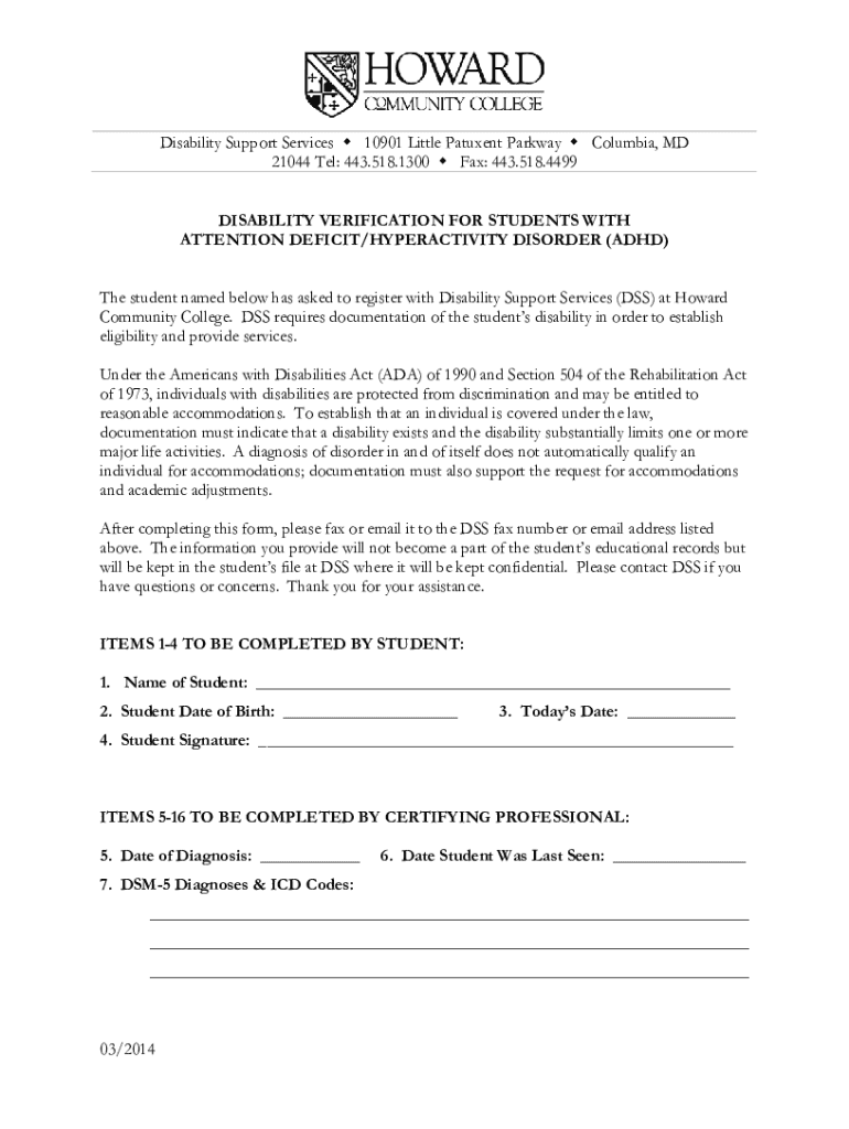 Fillable Online Disability Verification Form Attention Deficit ...