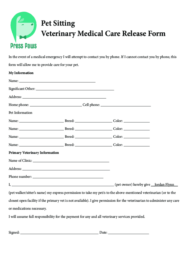 Fillable Online Pet Sitting Release Form - Fill Online, Printable ...
