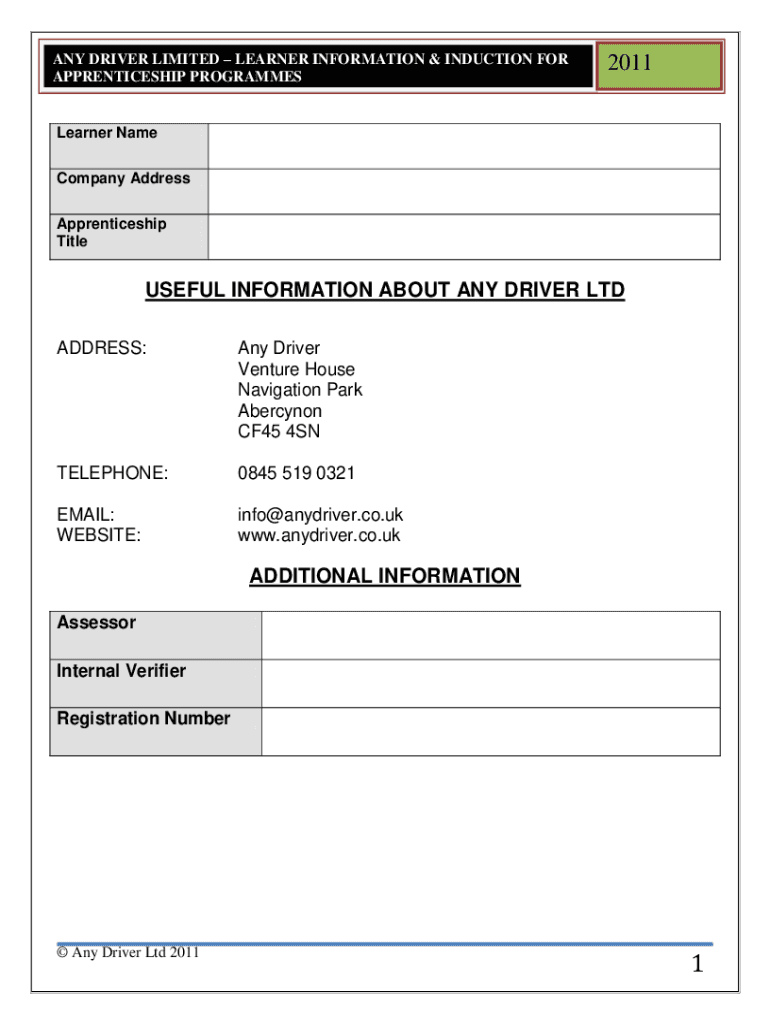 Fillable Online ANY DRIVER LIMITEDLEARNER INFORMATION & INDUCTION FOR ...