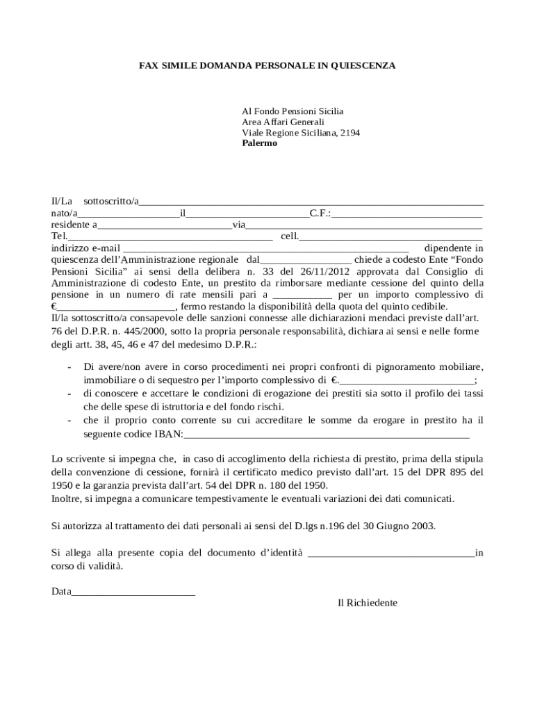 FAX SIMILE DOMANDA PERSONALE IN QUIESCENZA Doc Template | pdfFiller