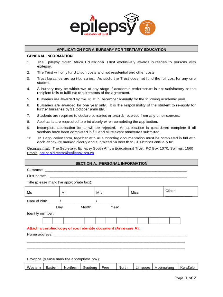 Epilepsy-SA-Educational-Trust-Bursary-Application-. ... Doc Template | pdfFiller