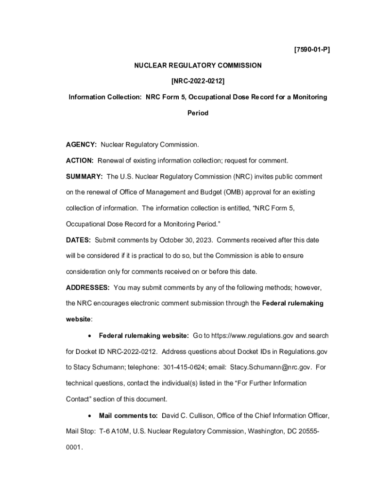 Fillable Online OMB 3150-0006, 60-day FRN for NRC Form 5, Occupational ...