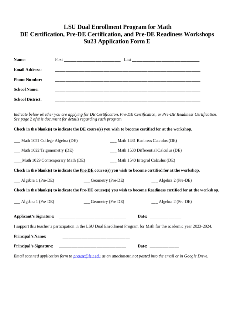 Su23 LSU Math Certification Workshop Application e. ... Doc Template | pdfFiller