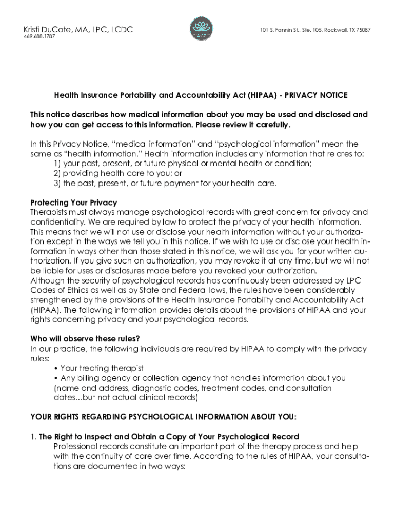 Fillable Online Earthwal Counseling HIPAA Notice - Kristi DuCote. HIPAA ...