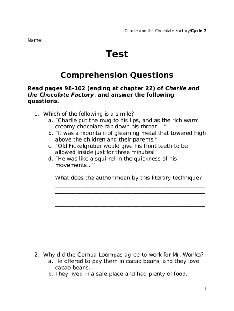 Charlie and the Chocolate Factory: Chapters 21 & 22 Quiz Doc Template ...