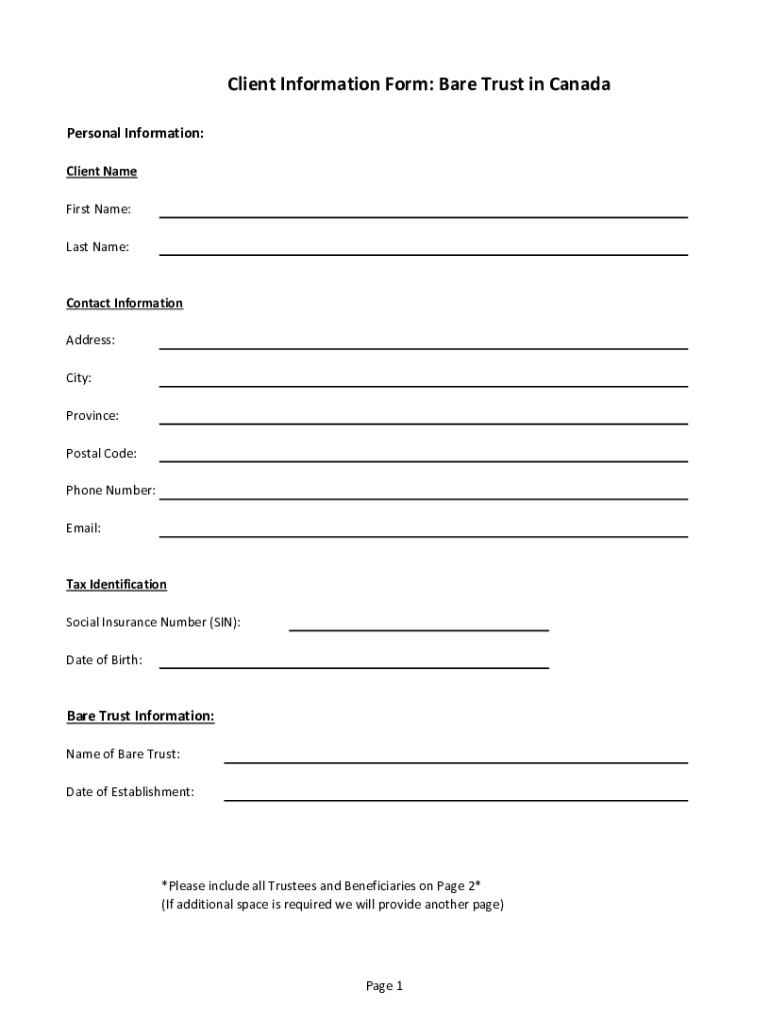 Fillable Online Information Form: Bare Trust in Canada - Prosperity Business Fax Email Print ...