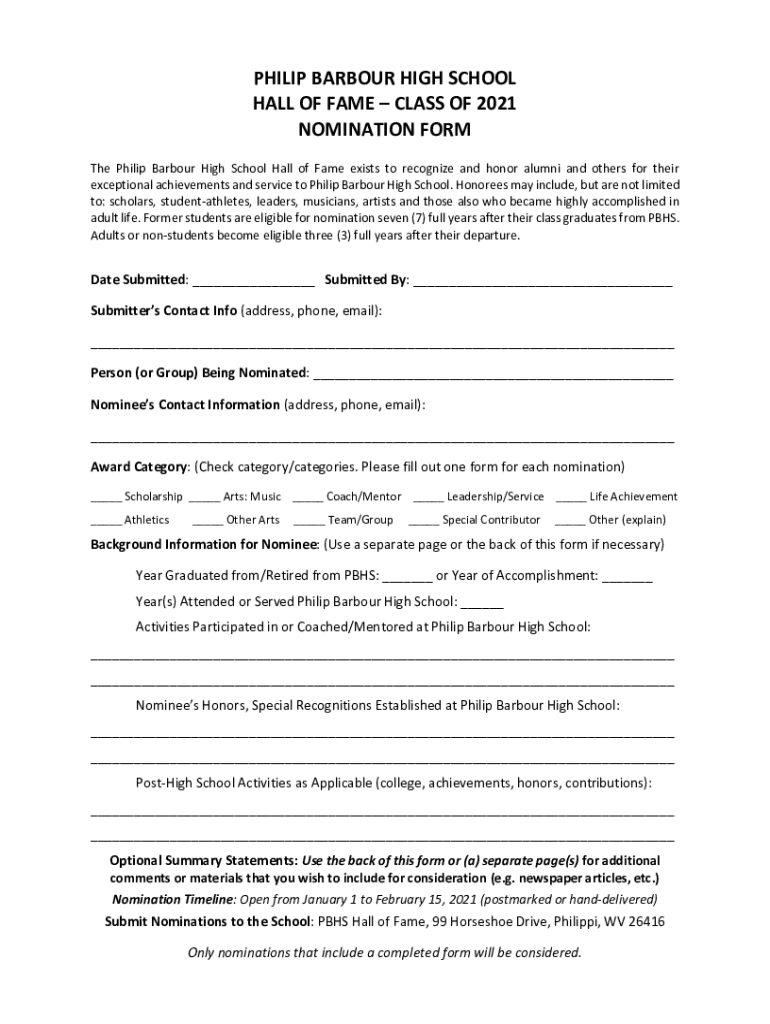 Fillable Online pbhs barb k12 wv Nominations open for Philip Barbour ...
