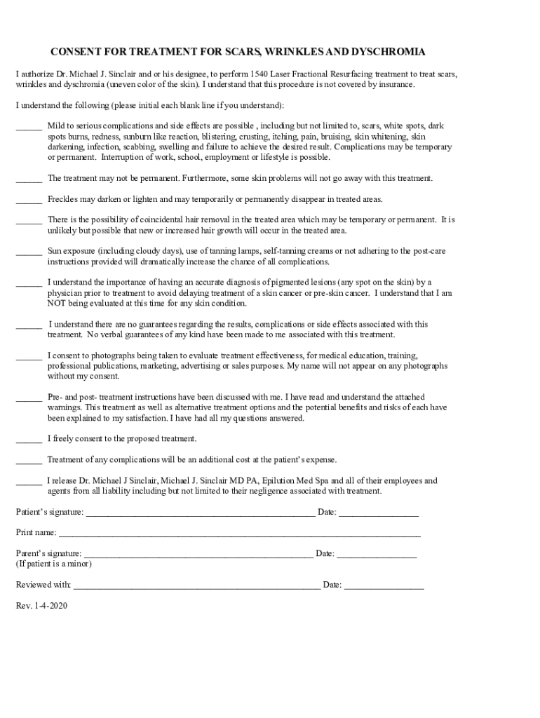 Fillable Online consent for treatment for scars, wrinkles and ...