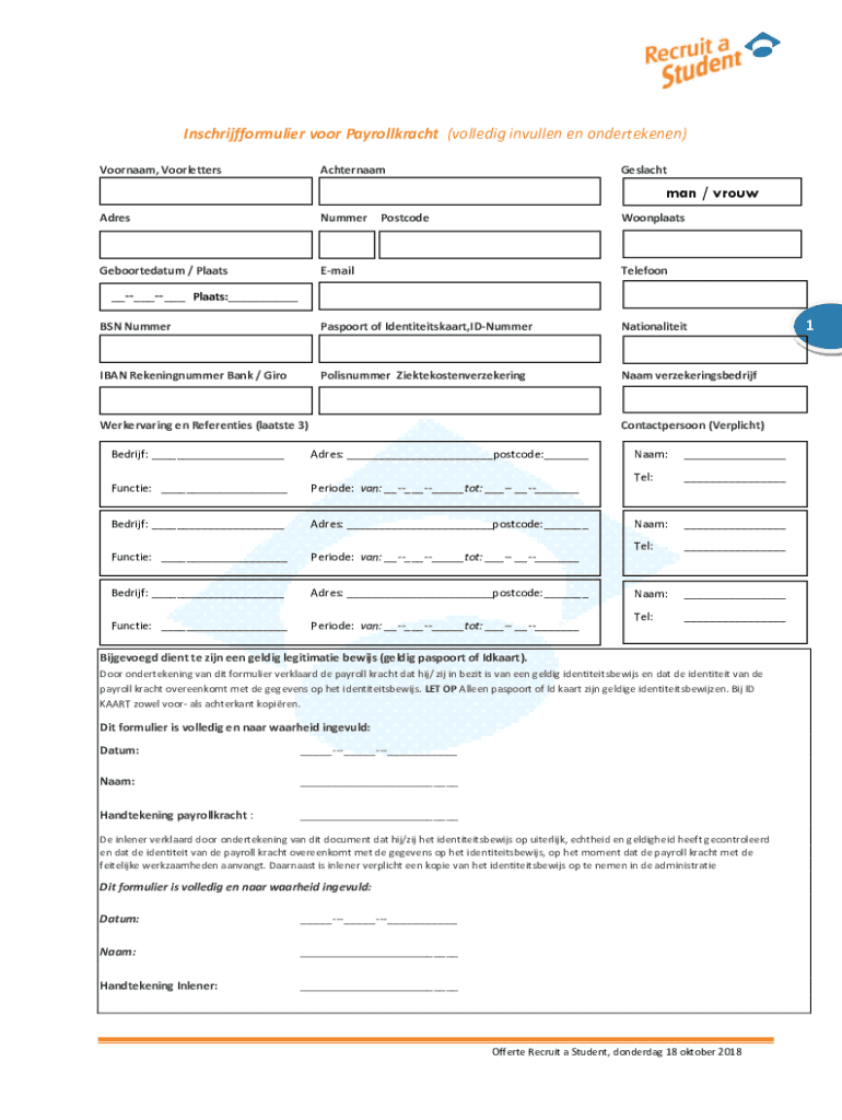 Invulbaar Online 1 Inschrijfformulier voor Payrollkracht (volledig invullen en ... Faxnummer ...