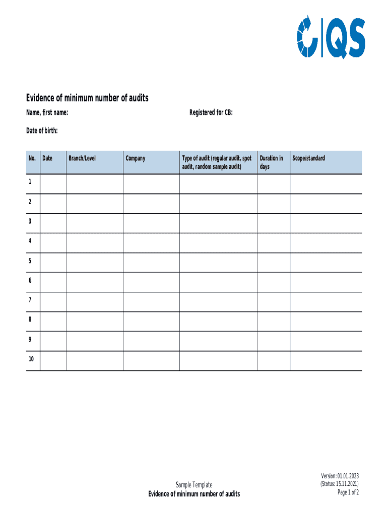 Sheet Evidence of minimum number of audits Doc Template | pdfFiller