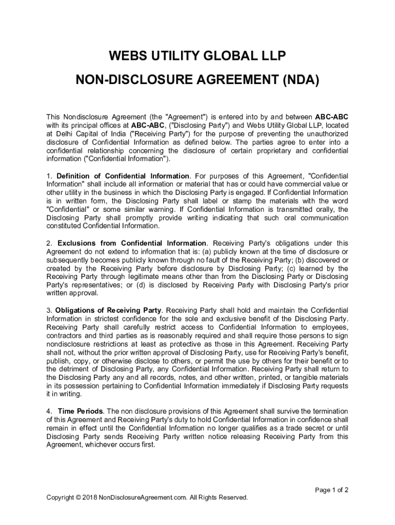 Fillable Online Webs-Utility-Global-Non-Disclosure-Agreement. ... Fax ...
